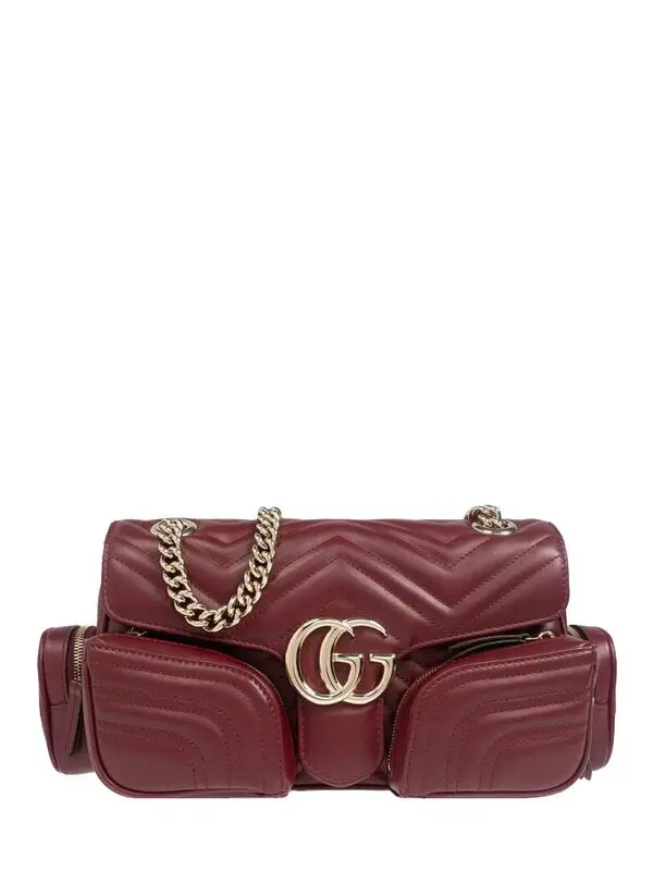 Gucci Cardinal Leather Chevron Quilted Shoulder Bag With Double G Logo - Red