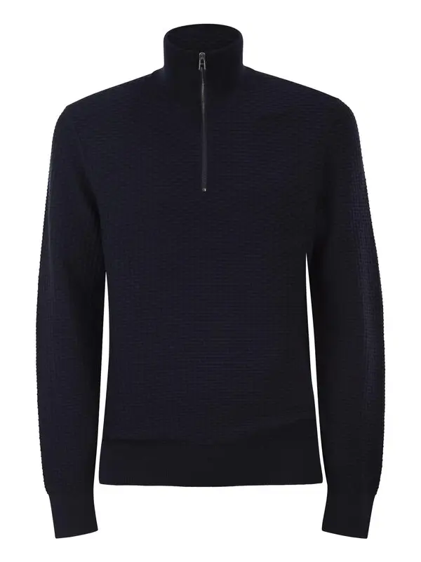 BOSS Textured Cotton High Neck Zip Sweater - Multicolor