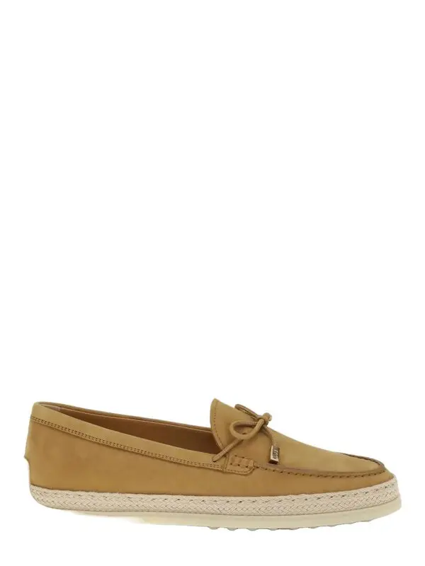 TOD'S Raffia Trim Bow Detail Loafers - Cream