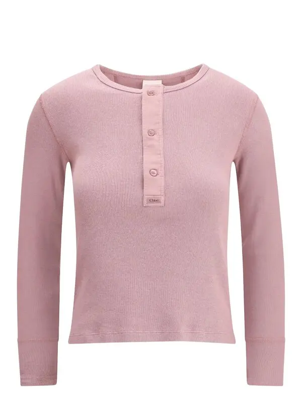 Chloé Ribbed Organic Cotton Henley Shirt - Pink