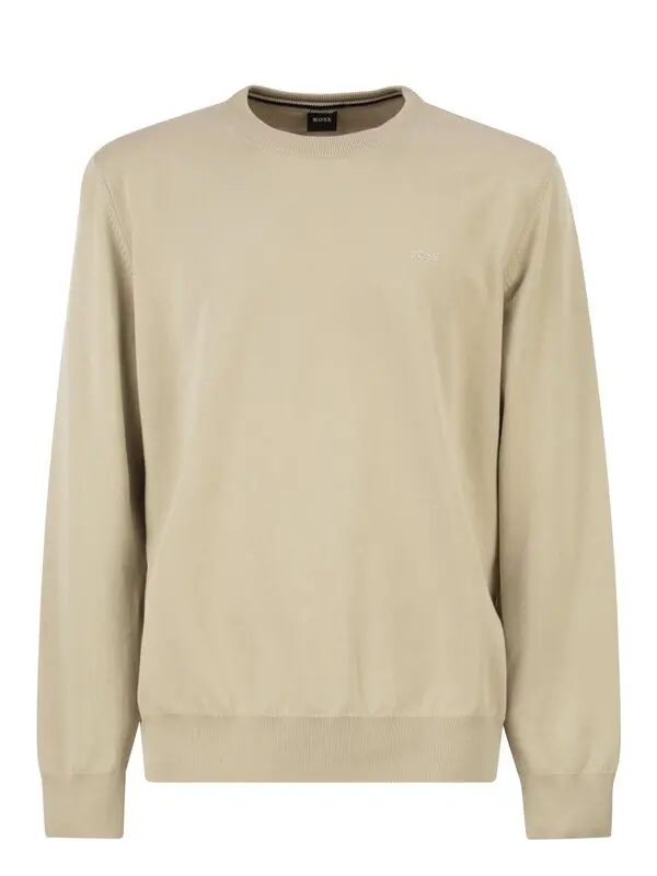 BOSS Cotton Crew Neck Sweater With Embroidered Logo - Cream