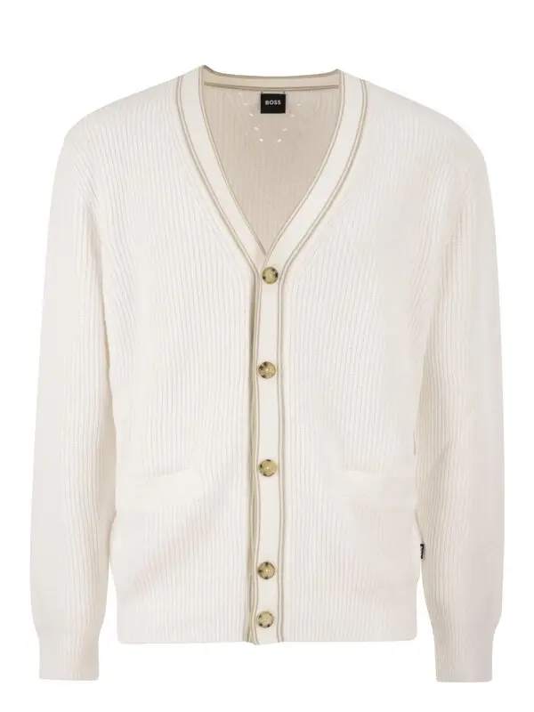 BOSS Ribbed Cotton Cardigan With Contrast Button Detailing - White