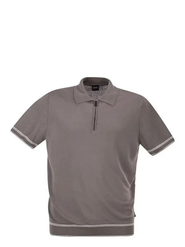 BOSS Linen And Viscose Polo Shirt With Zip And Contrast Trims - Gray