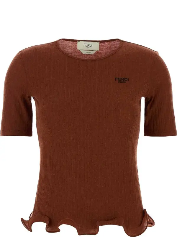 Fendi Ribbed Wool Top With Ruffle Trim - Red