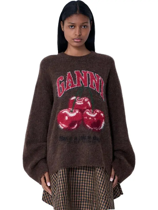 GANNI Brushed Knit Sweater With Graphic Motif - Brown