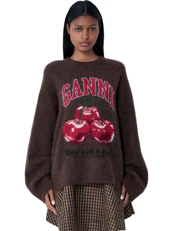 GANNI Brushed Knit Sweater With Graphic Motif - Brown