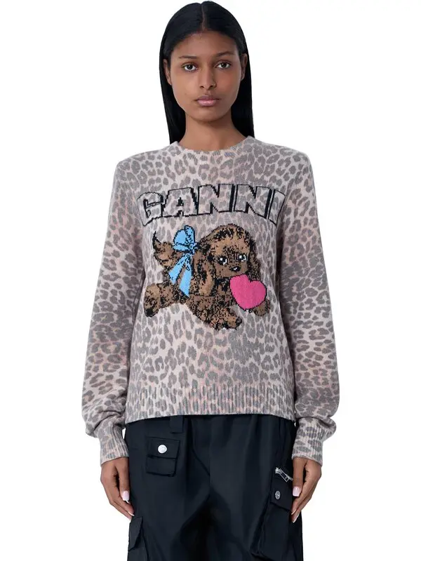 GANNI Leopard Print Knit Sweater With Graphic Dog Motif - Brown