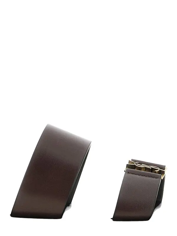 Saint Laurent Babylone' Leather Flat Sandals With Antiqued Metal Cassandre Logo - Brown
