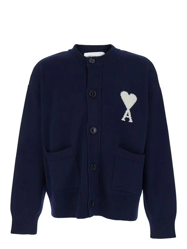 AMI Paris Crew Neck Cardigan With Contrast Logo - Multicolor