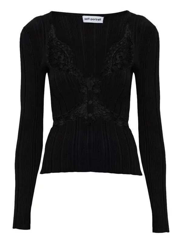 SELF-PORTRAIT Lace Detail Ribbed Top - Black