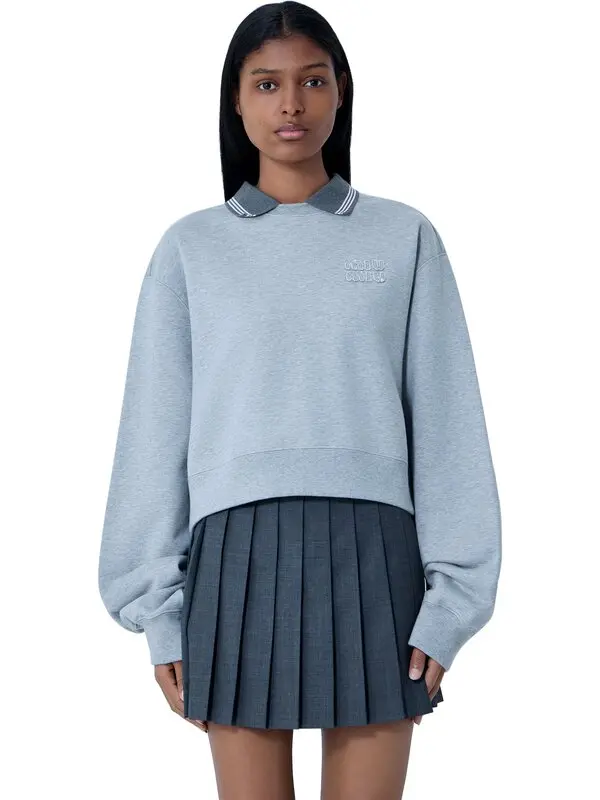 Miu Miu Cropped Fleece Sweatshirt With Embroidered Logo - Gray