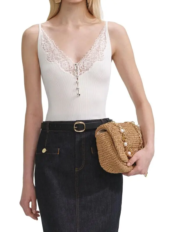 SELF-PORTRAIT Lace Trim Rib Knit Top - Multicolor
