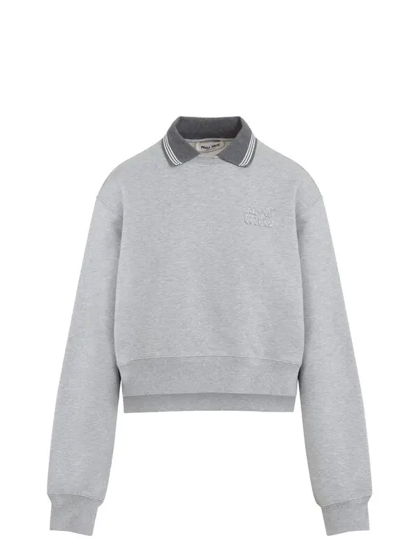 Miu Miu Cotton Sweatshirt With Embroidered Logo And Striped Collar - Gray