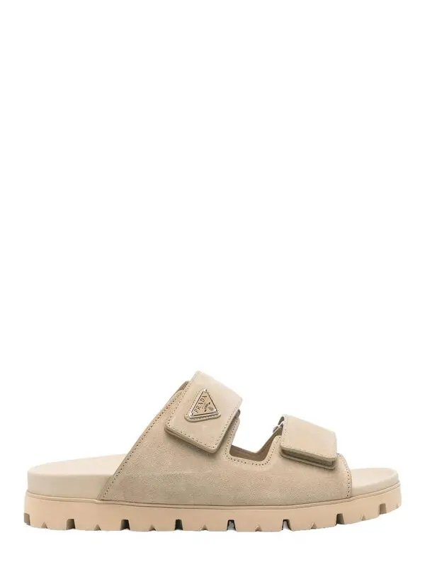 Prada Logo Appliqué Suede Sandals - Cream