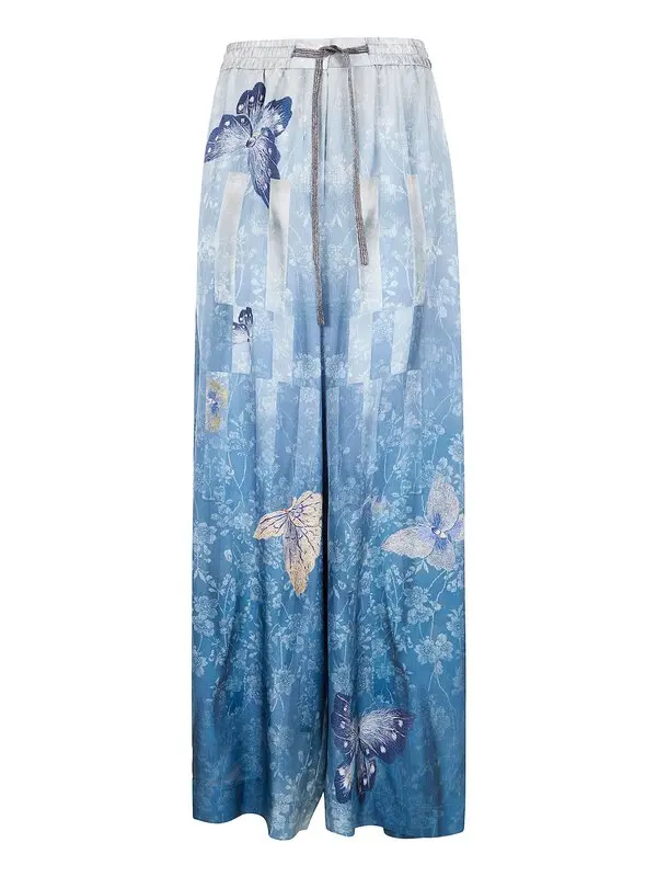 PIERRE-LOUIS MASCIA Aloe Trousers 100% Silk Printed Wide Leg Pants - Blue