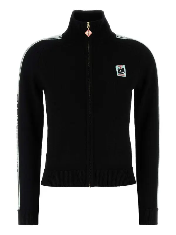 Casablanca Merino Wool Zip-up Cardigan With Applique - Black