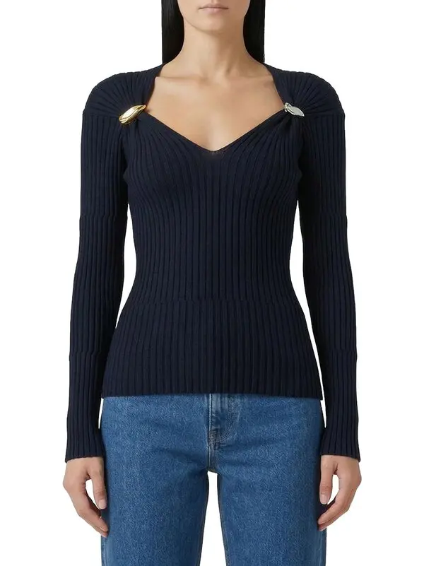 Bottega Veneta Ribbed Long Sleeve Sweater With Embellishment - Blue