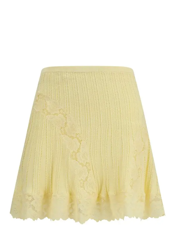 SELF-PORTRAIT Pointelle Knit Mini Skirt With Lace Detail - Yellow