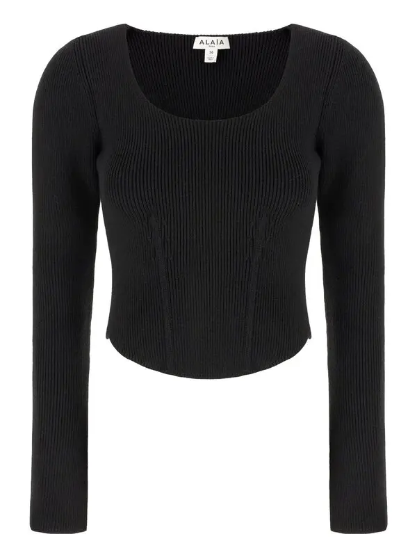 Alaïa Black Ribbed Knit Cropped Top - Multicolor