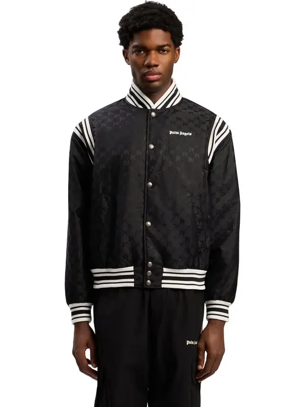 Palm Angels Monogram Jacquard Bomber Jacket With Striped Ribbing - Black
