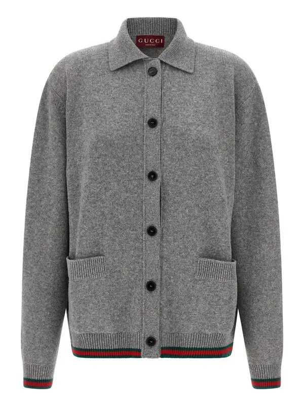 Gucci Polo Cardigan With Web Band Intarsia - Gray