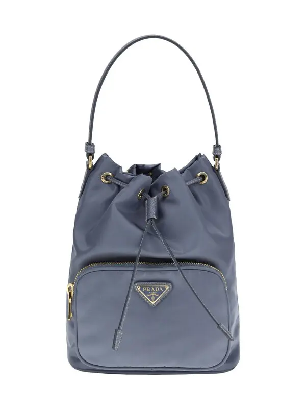 Prada Re-nylon Bucket Bag With Leather Handle And Adjustable Shoulder Strap - Blue