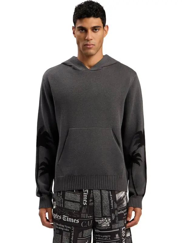 Palm Angels Knit Hooded Sweatshirt With Palm Tree Sleeve Detail - Gray