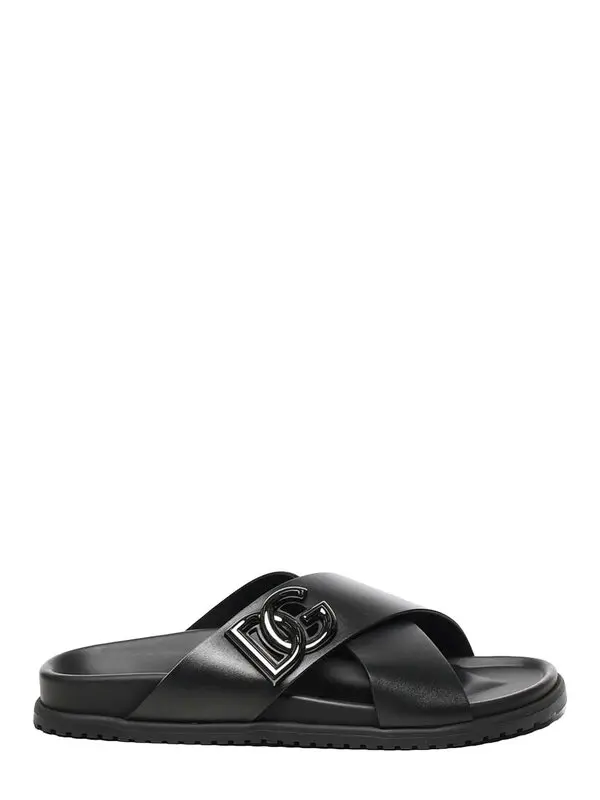 Dolce & Gabbana Calfskin Cross Strap Sandals With Dg Logo - Black