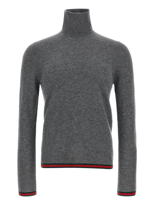 Gucci Cashmere High Neck Sweater With Web Ribbon - Gray