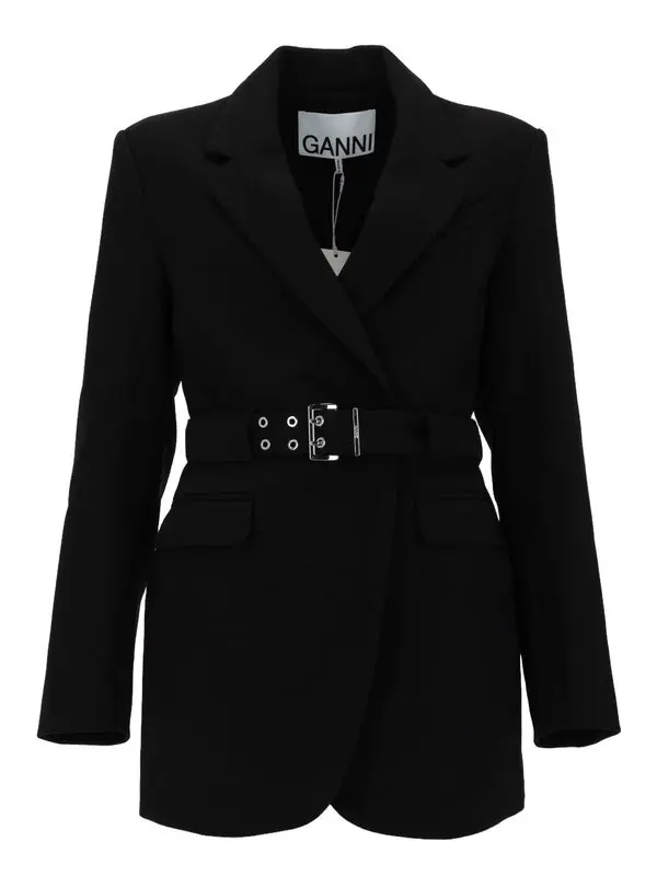 GANNI Belted Blazer In Crepe - Black