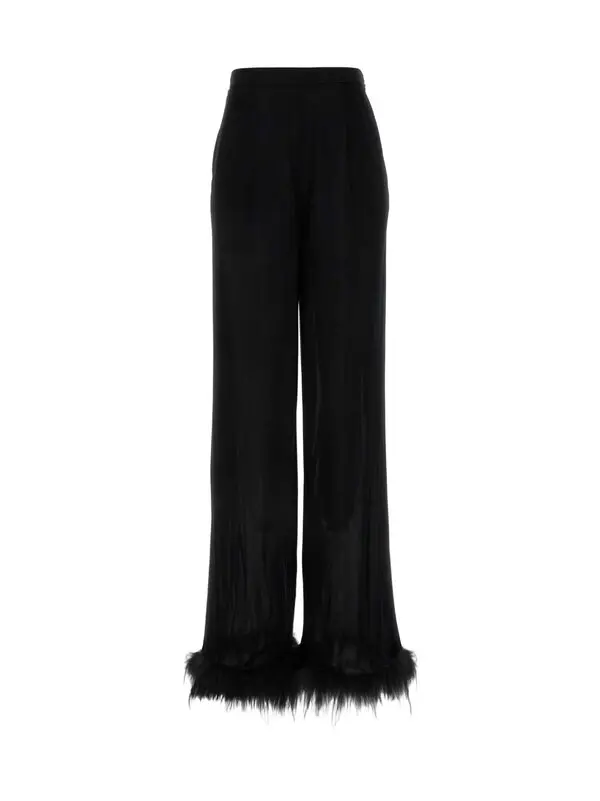 Prada Satin Wide-leg Pants With Feather Trim - Black