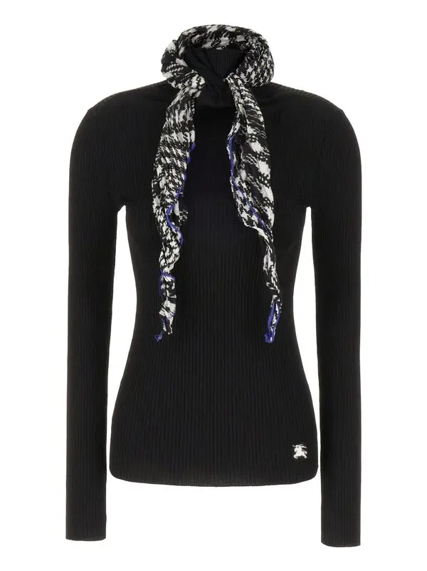 Burberry Ribbed Turtleneck Top With Houndstooth Scarf Detail - Multicolor