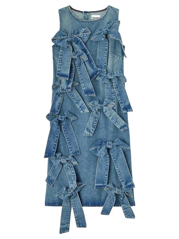 GANNI Sleeveless Denim Dress With Bow Embellishments - Blue