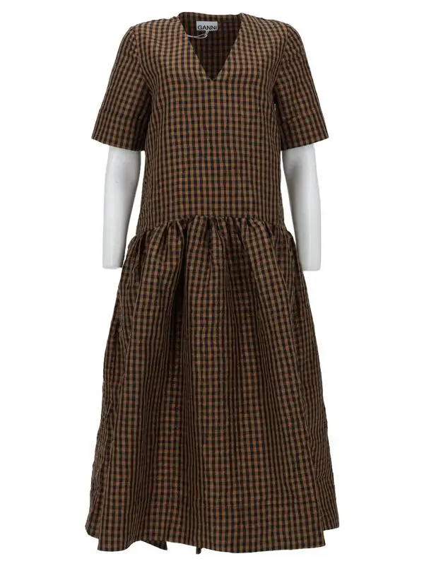 GANNI V-neck Checked Recycled Polyester Dress - Brown