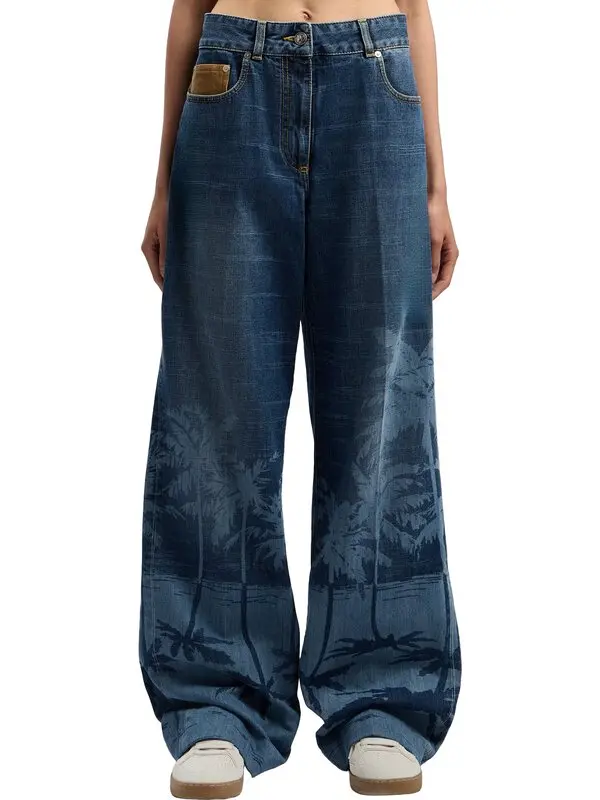 Palm Angels Loose Denim Pants With Palm Tree Motif - Blue