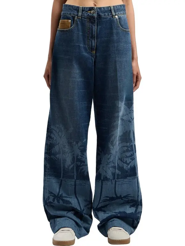 Palm Angels Loose Denim Pants With Palm Tree Motif - Blue