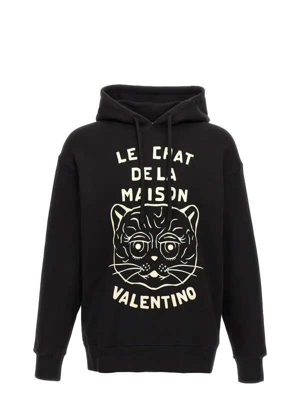 Valentino Garavani Cotton Hoodie With 'le Chat De La Maison' Print - Black