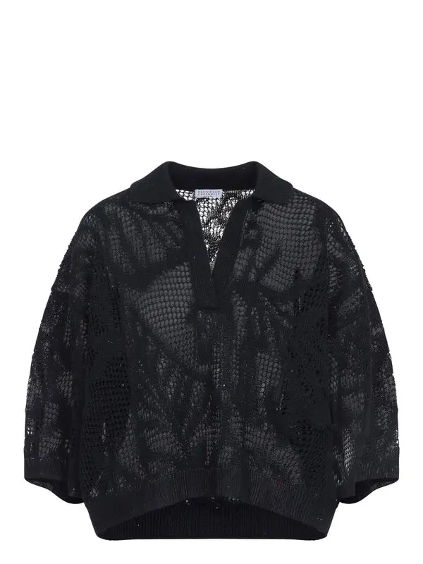 Brunello Cucinelli Crocheted Linen Polo With Floral Embroidery And Sequins - Blue
