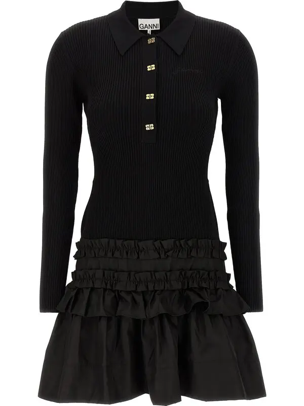 GANNI Rib Knit Polo Mini Dress With Ruffled Skirt - Black