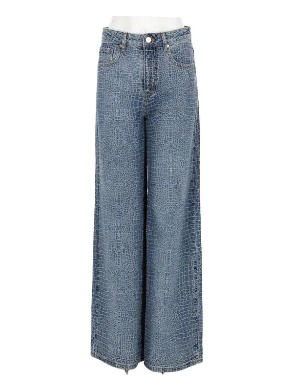 SELF-PORTRAIT Wide Leg Jeans With Crocodile Effect Embellishment - Blue