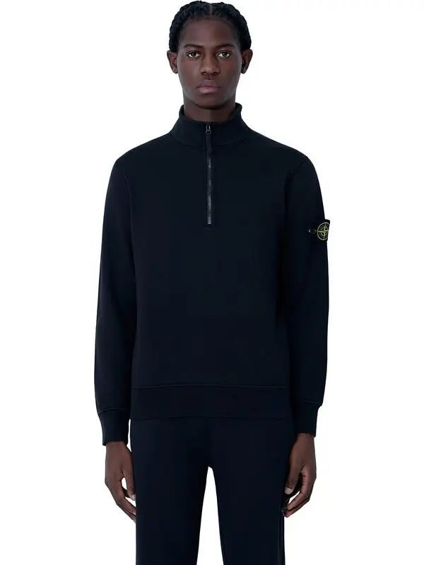 Stone Island Cotton Knit Zip-up Sweater With Compass Patch - Black