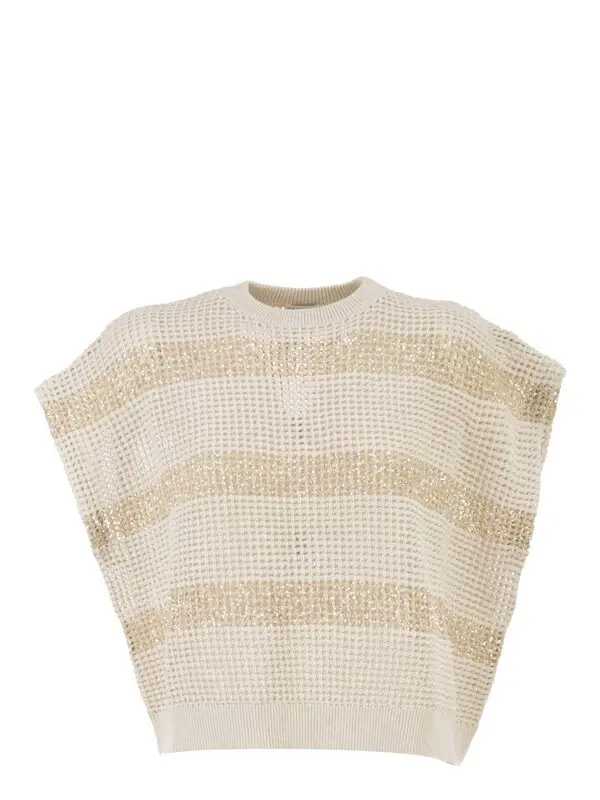 Brunello Cucinelli Cropped Cotton Knit Top With Sequin Bands - Cream