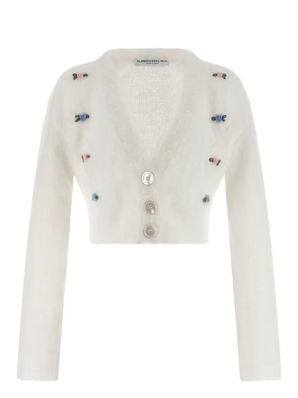 Alessandra Rich Cropped Mohair Cardigan With Embroidery - White