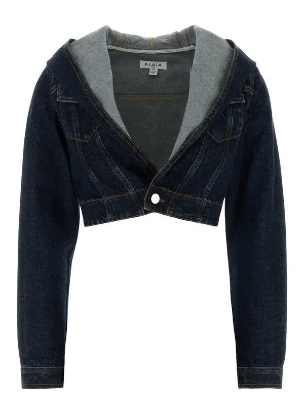 Alaïa Cropped Denim Jacket With Hood - Blue