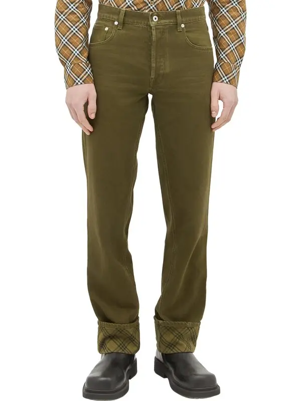 Burberry Cotton Twill Pants With Check Motif Cuffs - Brown
