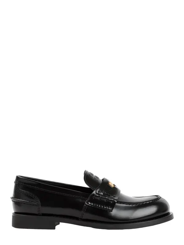 Miu Miu Leather Loafers With Metal Plaque - Black