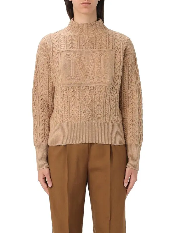 Max Mara Camel Cable Knit Sweater With Embossed Monogram - Brown