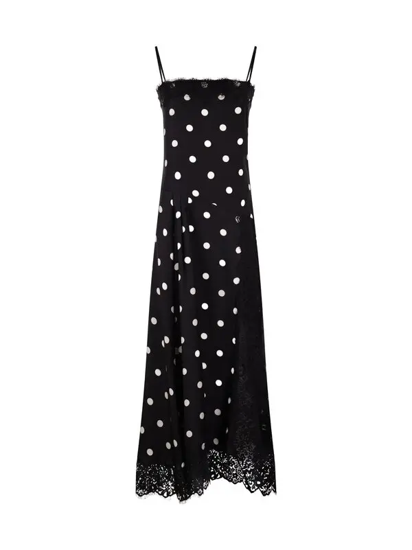 Sportmax Polka Dot Silk Midi Dress With Lace Inserts - Black