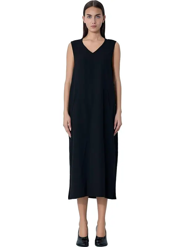 Yohji Yamamoto Midi Dress With V-neck And Side Gather - Black
