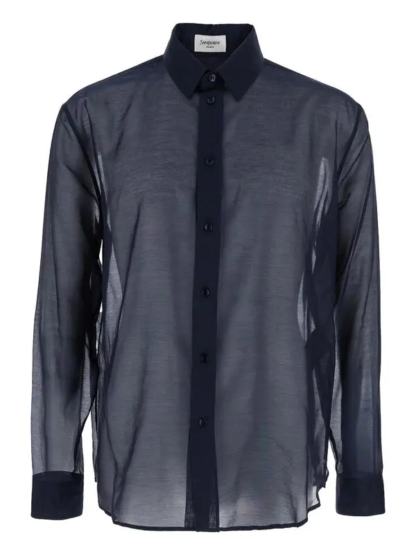 Saint Laurent Blue Shirt With Classic Collar And Contrasting Details In Cotton And Silk - Multicolor